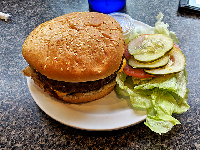 Behold the burger in its natural habitat &ndash; adorned with garden-fresh toppings and nestled beside crisp lettuce on a plate that's seen thousands before it.