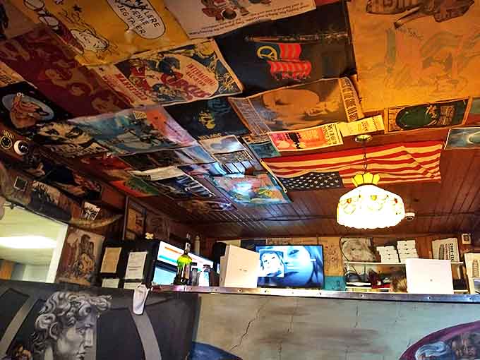 Look up! The ceiling's collage of posters, album covers and memorabilia creates a time-traveling visual feast above diners' heads.