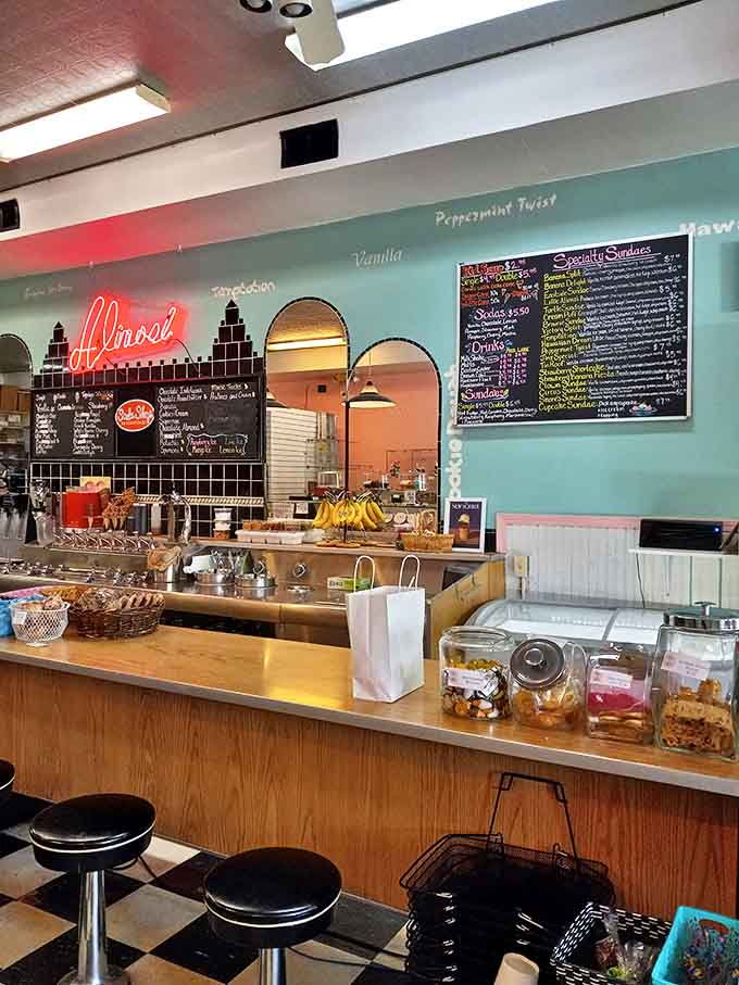 The soda fountain counter, with its row of swivel stools, makes solo visits feel like a social event &ndash; impossible to feel lonely with ice cream.