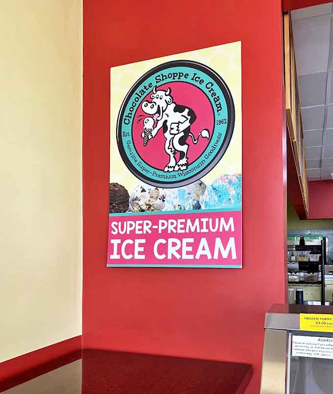 The Chocolate Shoppe Ice Cream sign promises "super-premium" quality &ndash; a bold claim backed up by generations of satisfied customers.