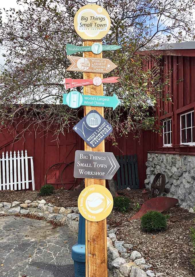 Casey's directional signs guide visitors to all the town's supersized attractions, turning sightseeing into a treasure hunt.