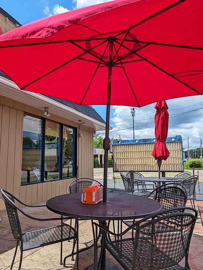Red umbrellas and outdoor tables transform a simple meal into a mini celebration when Ohio weather decides to cooperate beautifully.