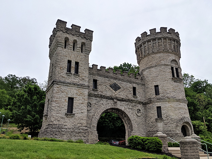 Elsinore Arch stands like a portal to another time, its castle-like presence adding Shakespearean drama to the park.