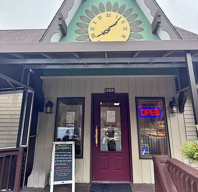 Entrance: The welcoming doorway with its cheerful "OPEN" sign &ndash; a portal to carbohydrate paradise that's worth every calorie.