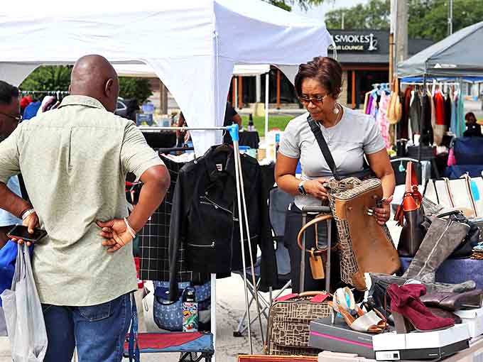 Weekend mornings transform the drive-in into a bustling flea market, where treasure hunters browse under the same sky as movie watchers.
