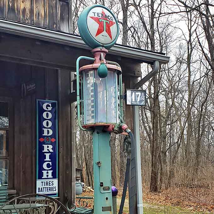 This vintage Texaco gas pump stands as a sculptural reminder of road trips past, when filling stations were social hubs and service came standard.