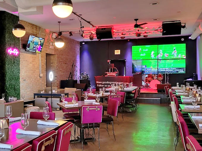 The interior lighting and decor create an atmosphere that's sophisticated enough for date night but relaxed enough for a casual Tuesday dinner.