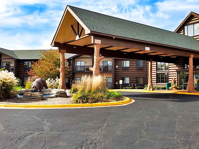 The welcoming main entrance promises comfort and adventure in equal measure, with architectural details that honor the woodland setting.