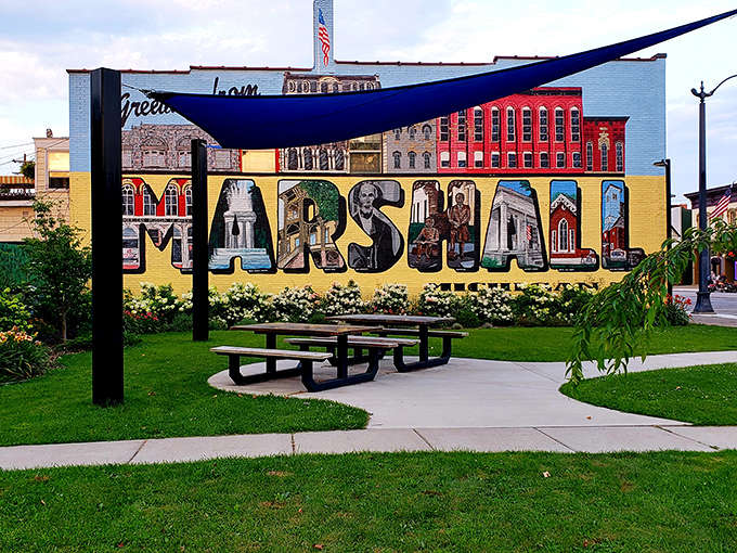 Grand Street Park's mural spells out local pride in technicolor detail, making "MARSHALL" more than just a name.
