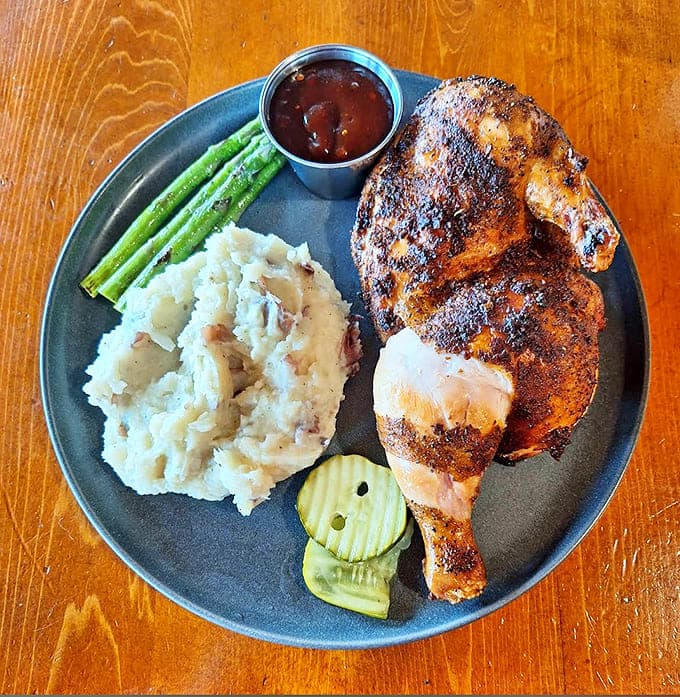 Half a chicken, fully delicious &ndash; with skin so perfectly crisp it shatters like glass, revealing juicy meat that's been kissed by smoke.