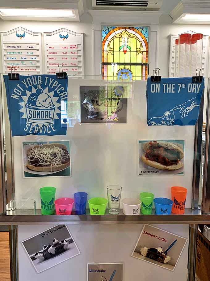 "Not Your Typical Sunday Service" indeed! Clever merchandise honors both the building's sacred past and its deliciously irreverent present.