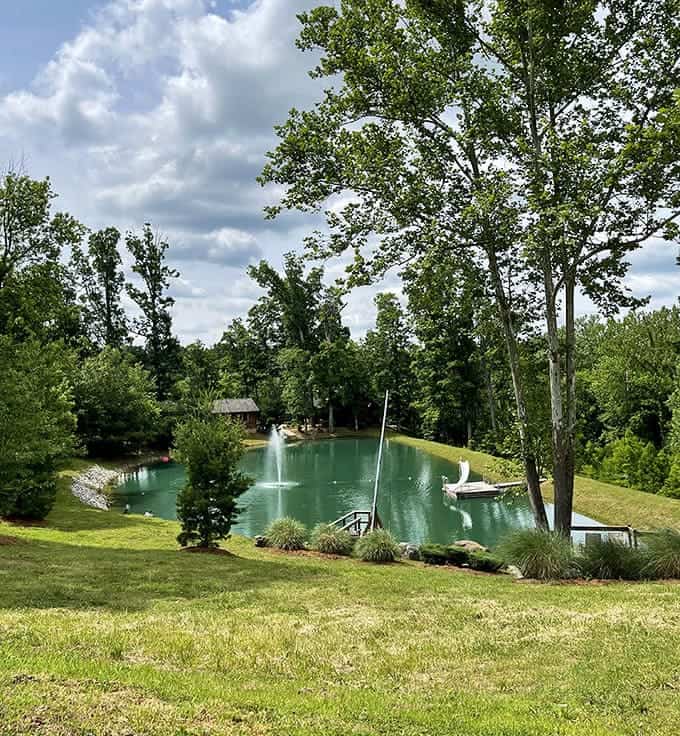 The property's elevated perspective showcases the perfect integration of cabins, water features, and natural landscaping.