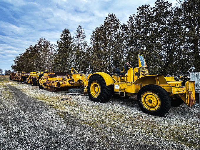 These yellow giants stand in silent formation, telling stories of infrastructure projects past through their weathered metal and faded paint.