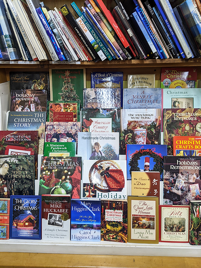 Holiday books stand at attention like festive soldiers, ready to march home with shoppers seeking seasonal literary cheer.