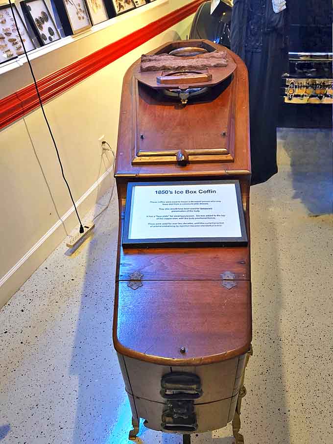 The 1850s ice box coffin solved a practical problem with ingenious design – a cooling system beneath the deceased bought precious time for viewings.
