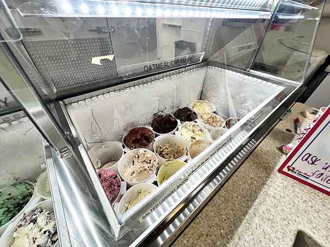 Eight perfect cylinders of frozen joy await your decision in this display case of dairy-free dreams.