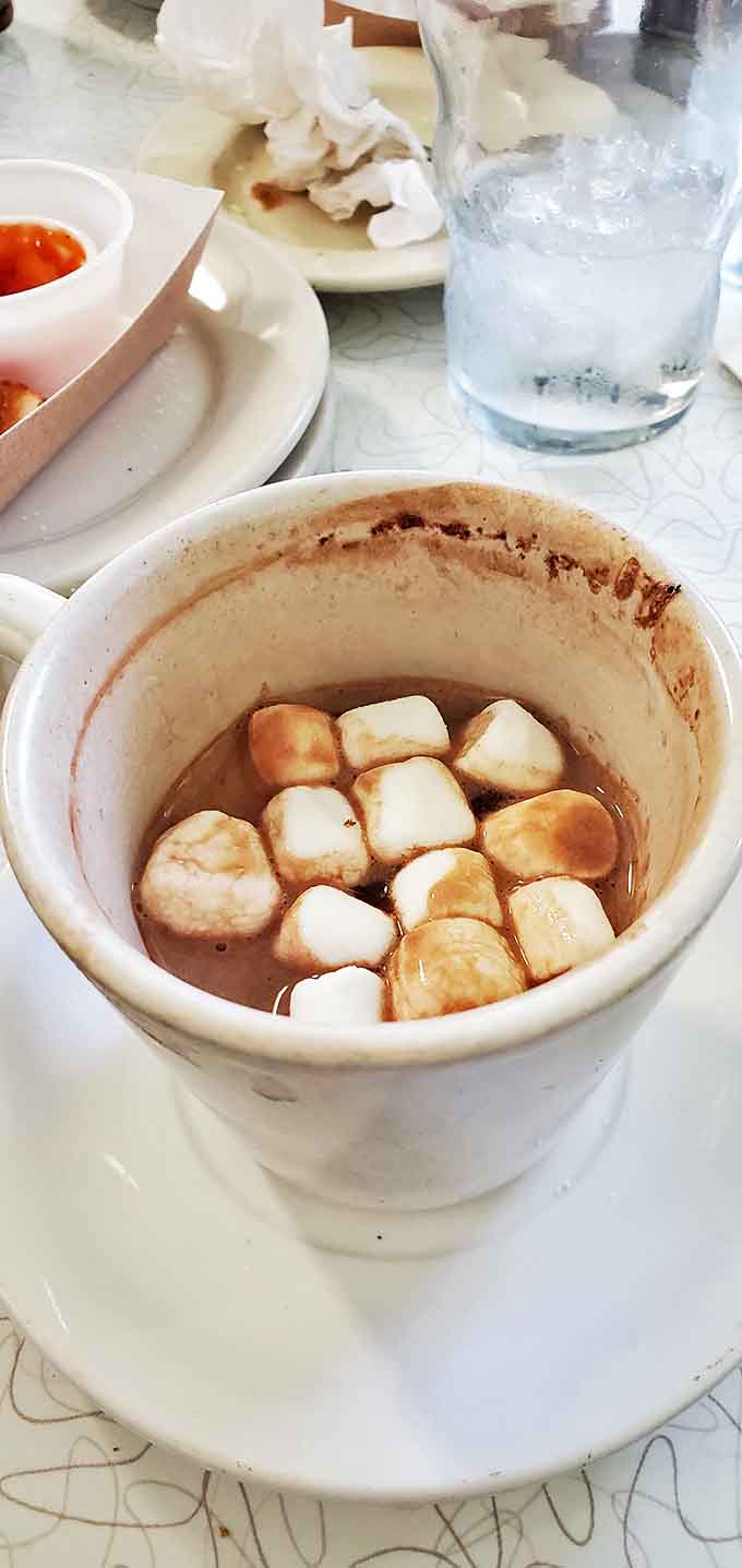 Hot chocolate that's actually hot and actually chocolate, with marshmallows floating like little clouds in a sweet, warm sky.