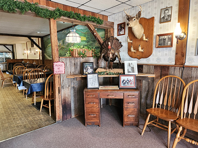 The lobby area welcomes guests with rustic charm and authentic country decor, setting the stage for the comfort food experience that awaits beyond.