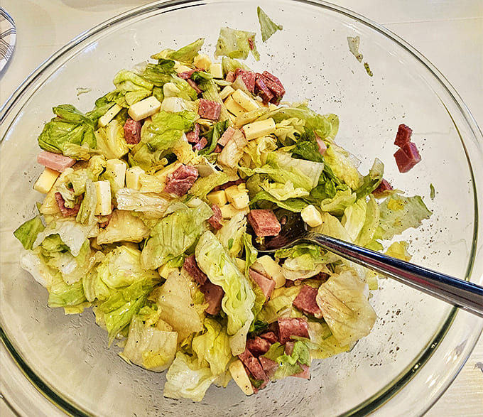 The antipasto salad &ndash; a mountain of Italian ingredients that somehow makes you feel virtuous while eating alongside pizza.