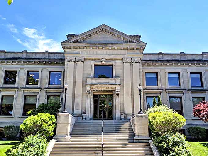 Manistee County Library's classical columns and grand staircase promise literary adventures within its knowledge-filled walls.