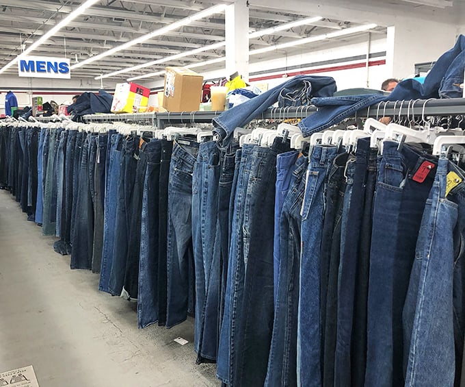 Denim soldiers standing at attention &ndash; each pair of jeans holding the shape and stories of previous adventures.