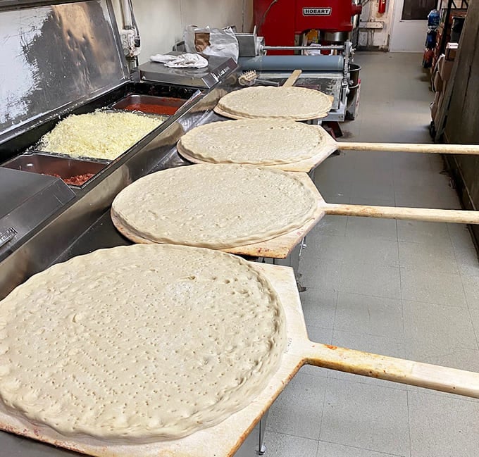 Behind the scenes where dough becomes art and pizza makers work their crispy, cheesy magic daily.