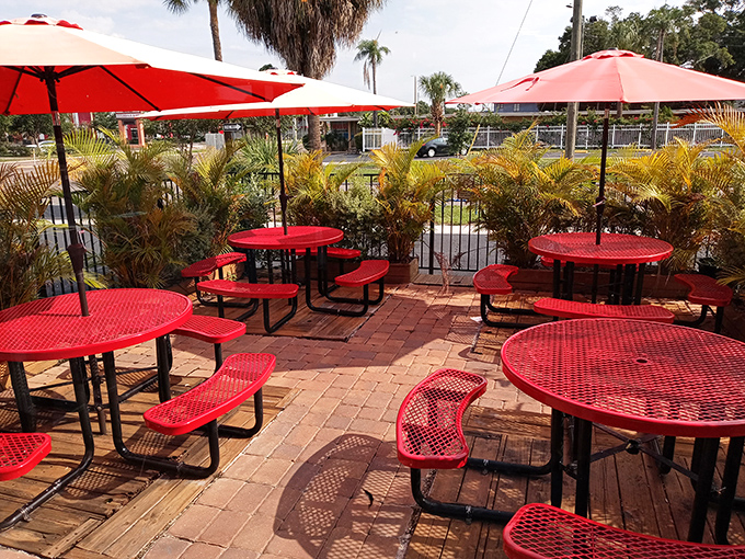 Outside, cheerful red tables invite lingering under Florida sunshine, turning a quick donut run into a proper morning outing worth savoring.