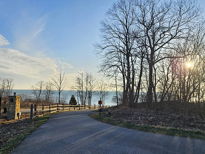 The paved path curves invitingly toward the lake, promising views that reward every step with something worth stopping to appreciate and probably photograph extensively.