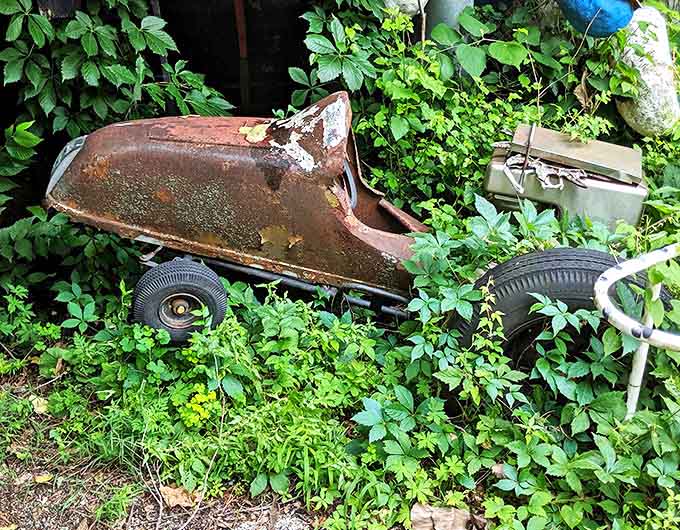 A child-sized pedal car slowly surrenders to nature, creating a poignant tableau of childhood nostalgia meets decay.