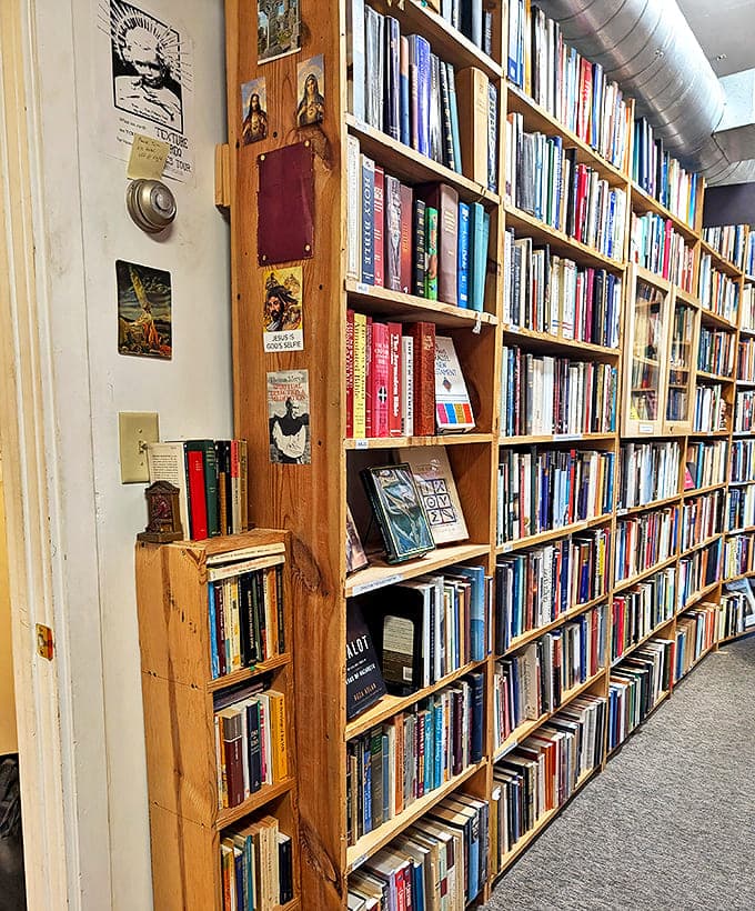 Sacred texts and scholarly analyses share shelf space in this theological library-within-a-library, spanning faiths and centuries.