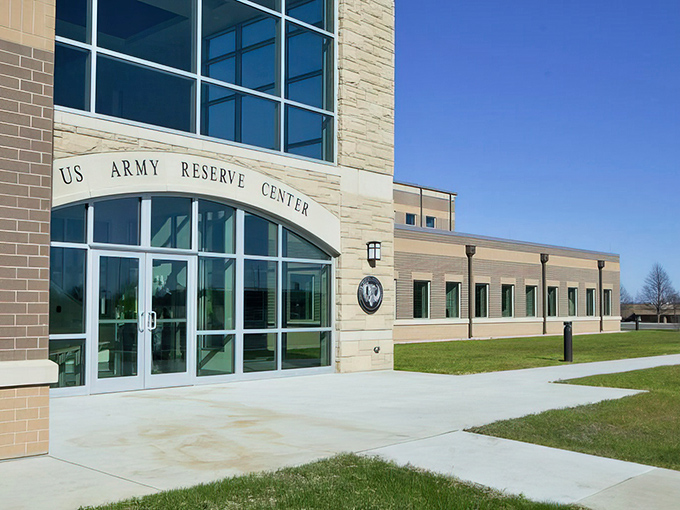 The modern Army Reserve Center continues Fort Sheridan's military legacy, blending contemporary function with architectural nods to the past.
