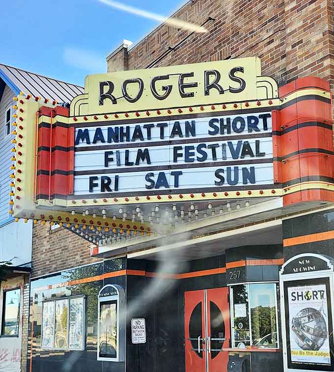 The Rogers Theater's classic marquee lights up downtown, preserving the magic of small-town cinema in an age of impersonal multiplexes.