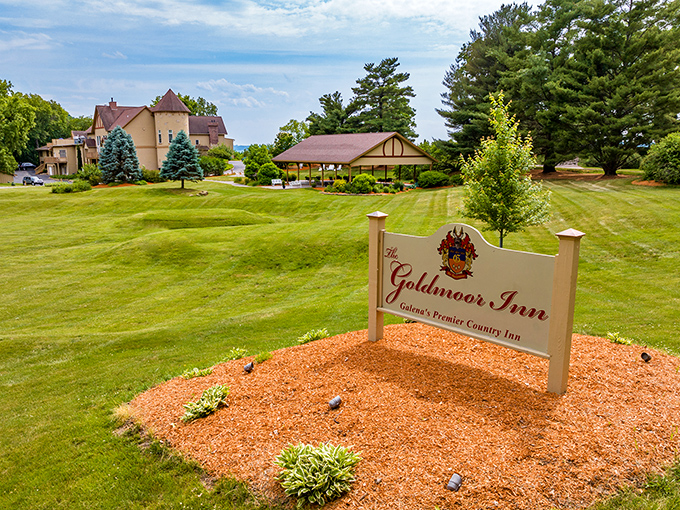 Signage: The Goldmoor sign stands proudly amid manicured grounds, announcing itself with the quiet confidence of somewhere that needs no introduction.