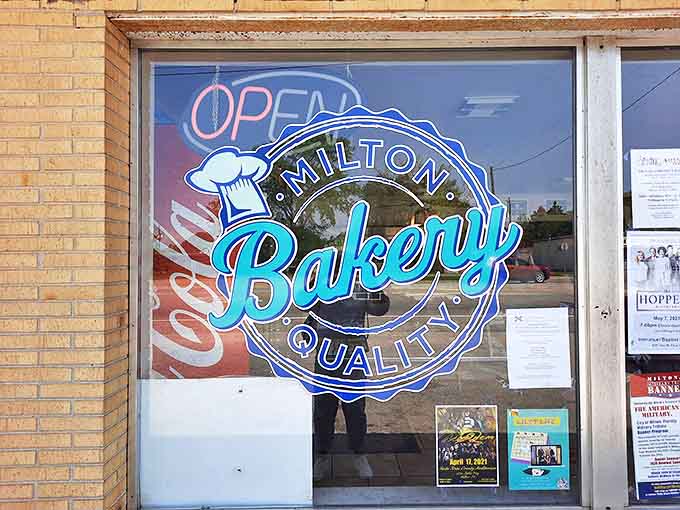 The window signage announces what locals already know: quality baking happens here, and it's been happening for decades.
