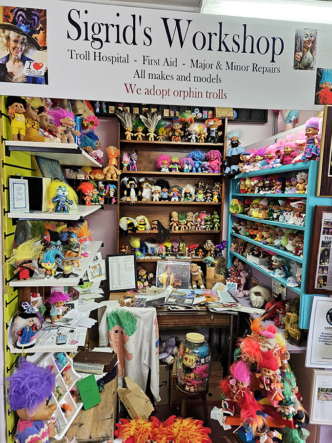 Welcome to troll healthcare! Sigrid's Workshop offers "major & minor repairs" for damaged trolls, proving even plastic patients deserve compassionate medical attention.