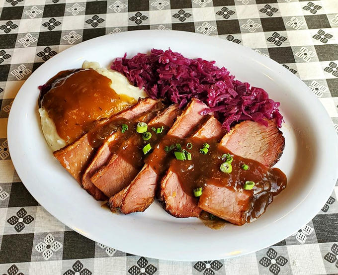 Smoked brisket dinner with red cabbage and mashed potatoes &ndash; comfort food that hugs you from the inside out.