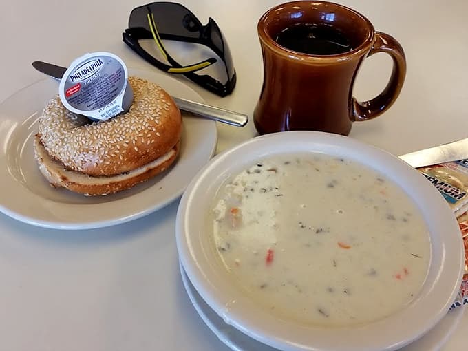 Soup, a bagel, and coffee make for a surprisingly complete meal that proves this place does more than just dessert.