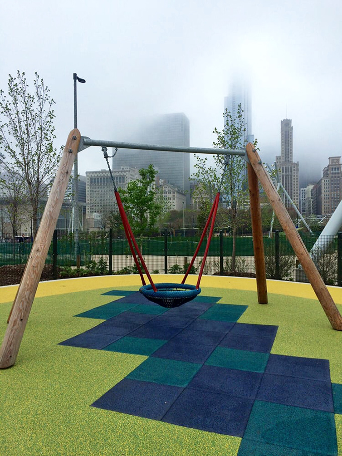Even the swings offer skyline views, letting visitors soar against a backdrop of Chicago's most famous buildings.