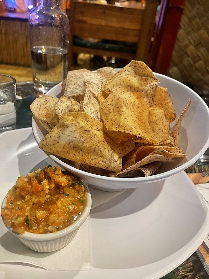 Taro root chips that deliver earthy crunch alongside tropical salsa &ndash; Hawaii's answer to chips and dip gets a standing ovation.