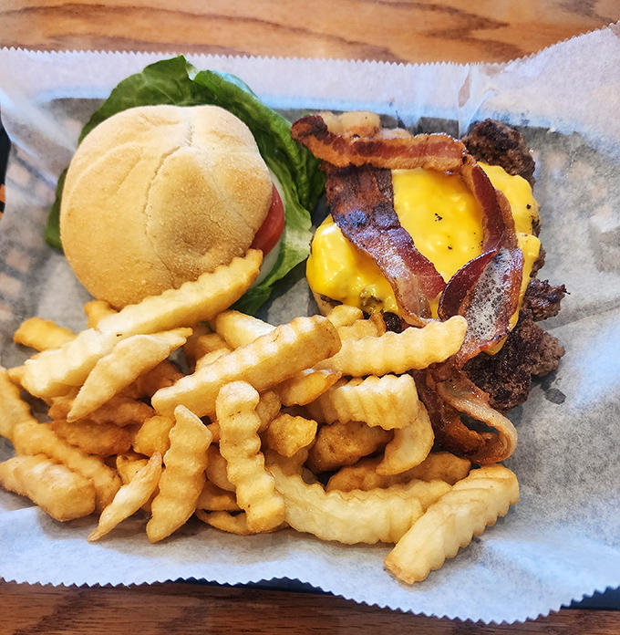 This isn't just any bacon cheeseburger &ndash; it's the Beach Burger, proving the kitchen's talents extend well beyond breakfast into serious lunch territory.