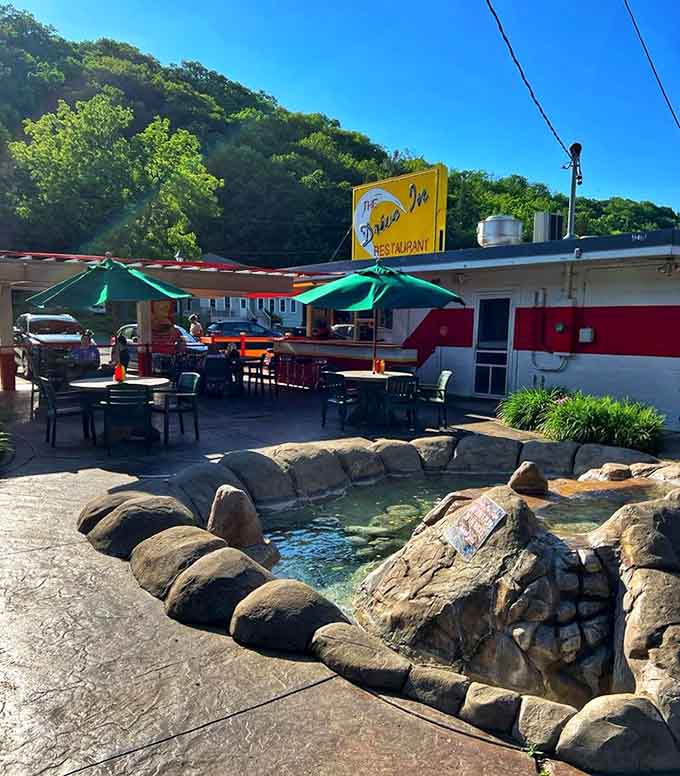Outdoor dining with a water feature adds unexpected charm, turning a simple meal into a relaxing experience worth savoring slowly.