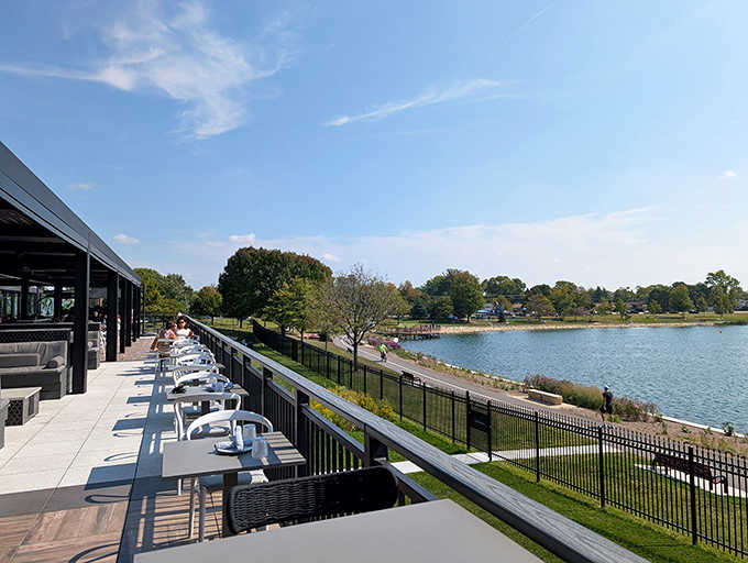 Lakeside dining offers serene views of Lake Opeka, adding natural beauty to the already impressive dining experience at The Foxtail.