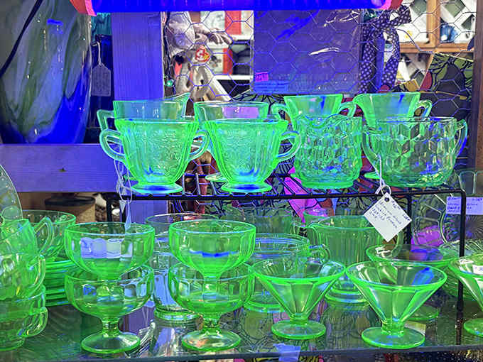 The eerie green glow of uranium glass transforms ordinary Depression-era tableware into conversation pieces that literally light up a room.