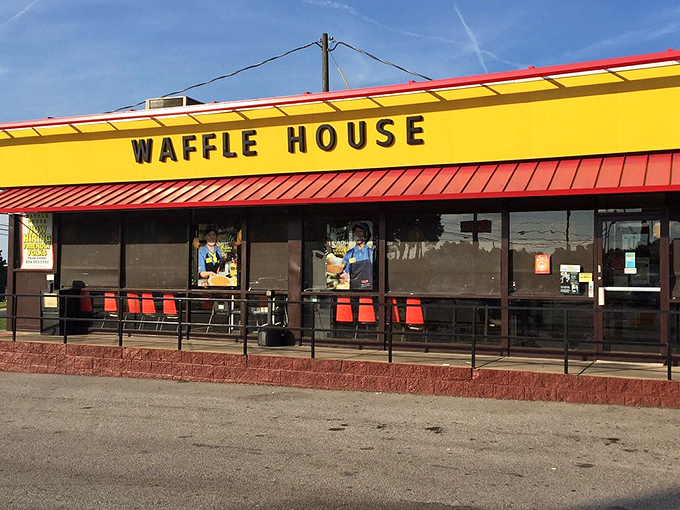 Waffle House's iconic yellow sign promises the comfort of familiar breakfast classics at any hour of the day.
