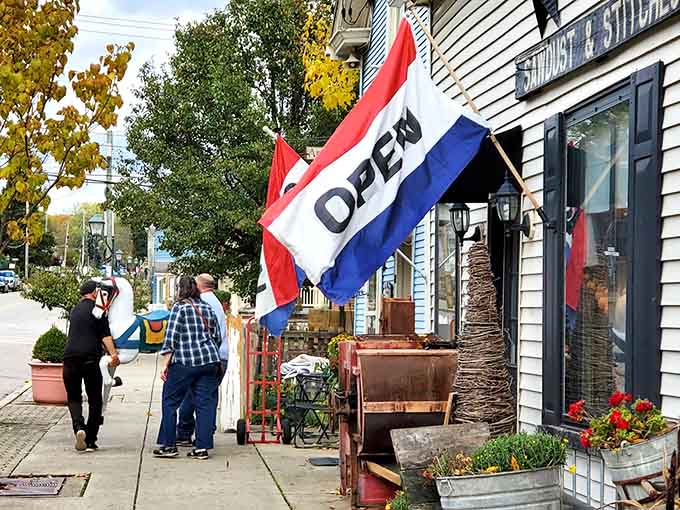 Sidewalk displays tempt passersby with vintage treasures and the kind of curb appeal that makes window shopping an art form.