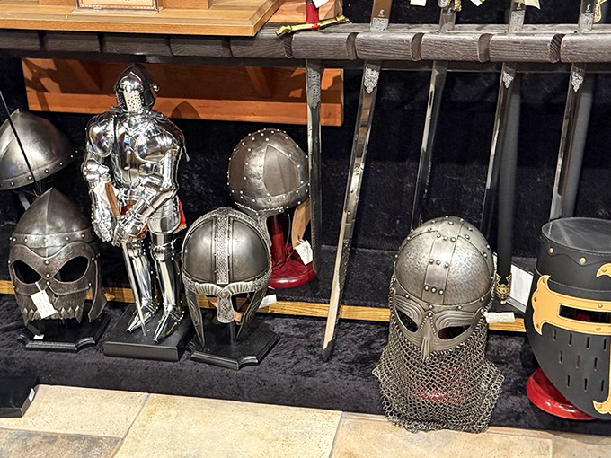 An impressive display of medieval weaponry and helmets reminds visitors that fashion in the Middle Ages was all about protection.