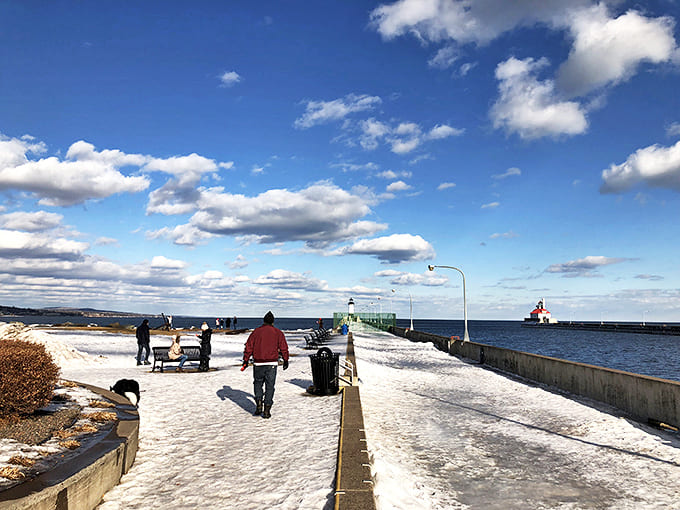 Even in winter, the Lake Walk attracts hardy souls who brave the cold to witness Lake Superior's dramatic ice sculptures and pristine snow-covered vistas.