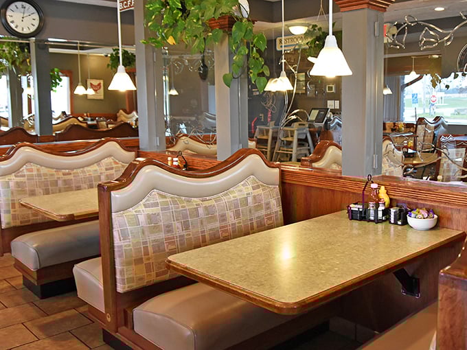 Counter seating for solo diners or those who enjoy watching breakfast theater &ndash; where coffee cups never reach empty before being refilled.