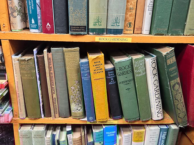 The specialized gardening section reveals volumes on rock gardens from eras when people consulted books instead of YouTube for horticultural advice.