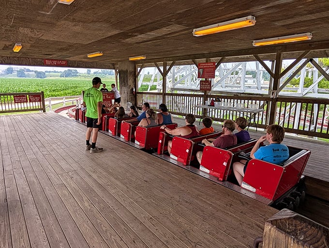 Thrill-seekers brace themselves on a classic ride, their expressions capturing that perfect moment between excitement and fear that keeps us coming back.